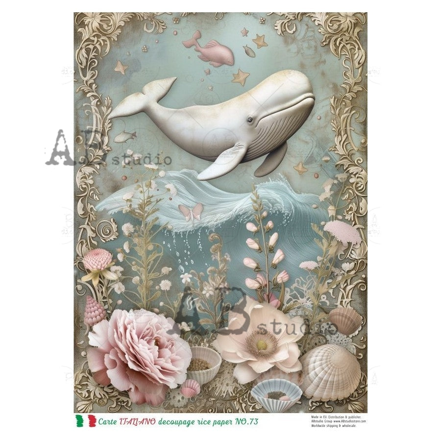 Beluga Whale with Shells and Flowers Decoupage Rice Paper A4 Item Cart ...