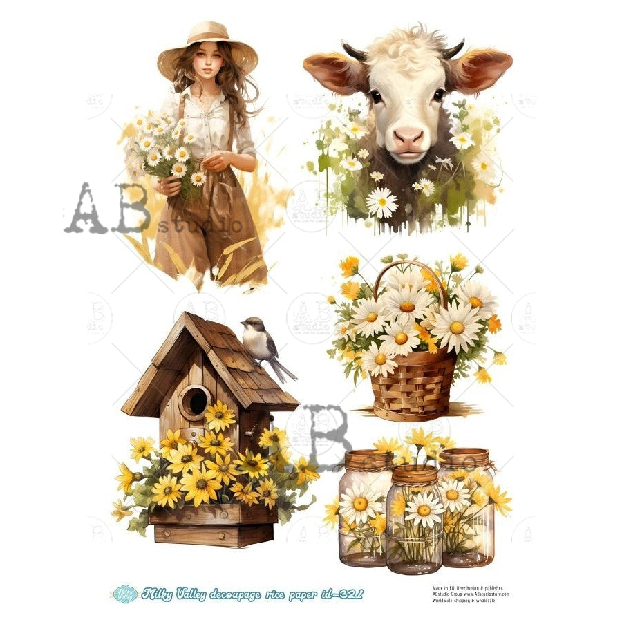 White and Yellow Daisy Cards Decoupage Rice Paper A4 Item Milky Valley ...