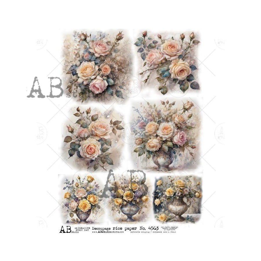 Rose Arrangement Watercolor Cards Decoupage Rice Paper A4 Number 4563 ...