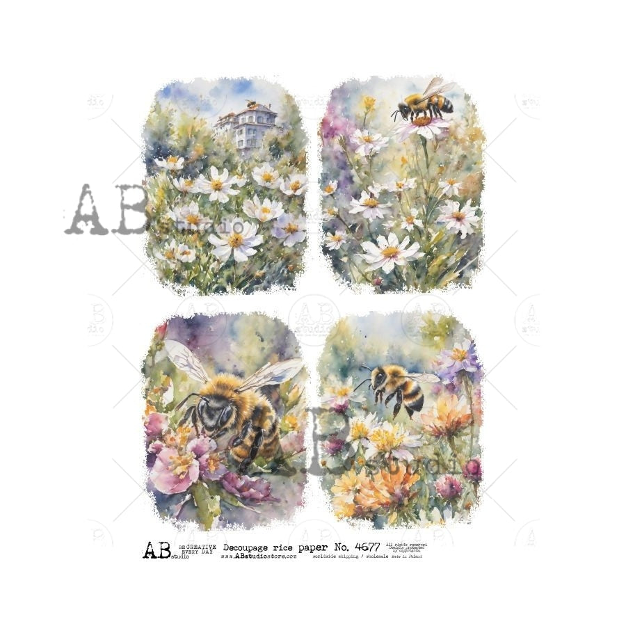 Wild Flowers with Bees Watercolor Cards Decoupage Rice Paper A4 Number ...