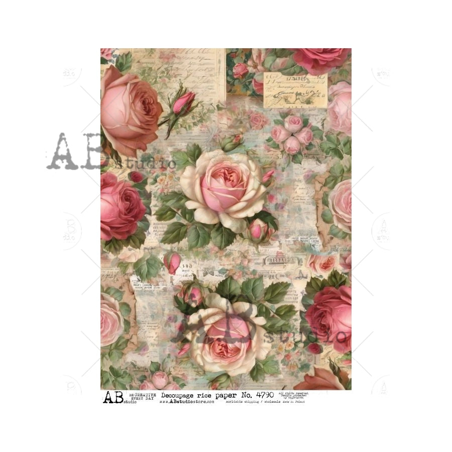 Sepia Script and Pink Roses Decoupage Rice Paper A4 Number 4790 by AB ...