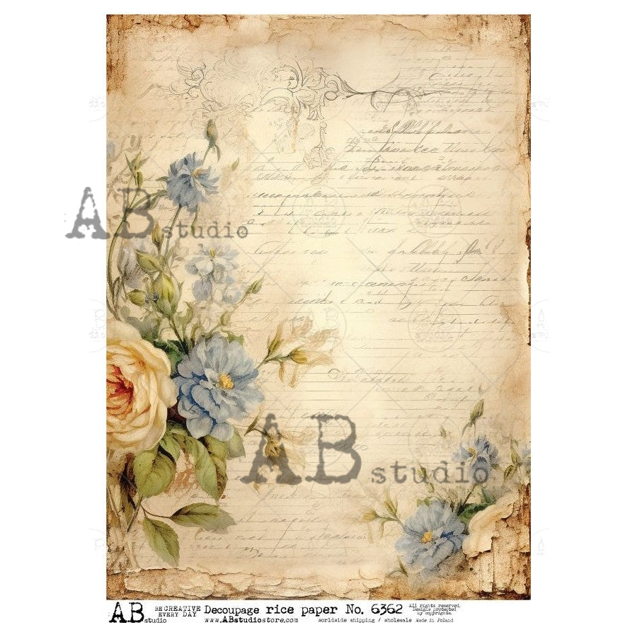 Floral Vintage Script Decoupage Rice Paper A4 6362 by AB Studio – All ...