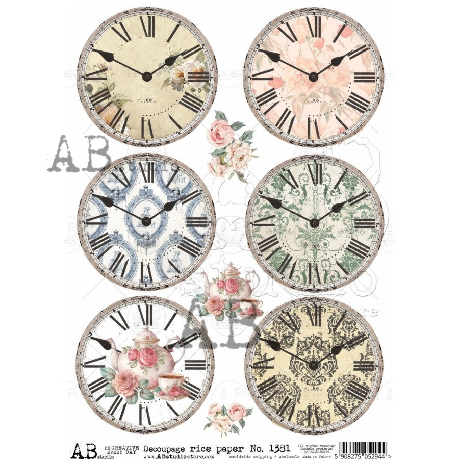 Decorated Clocks 2 Decoupage Rice Paper A4 Item No. 1381 by AB Studio ...
