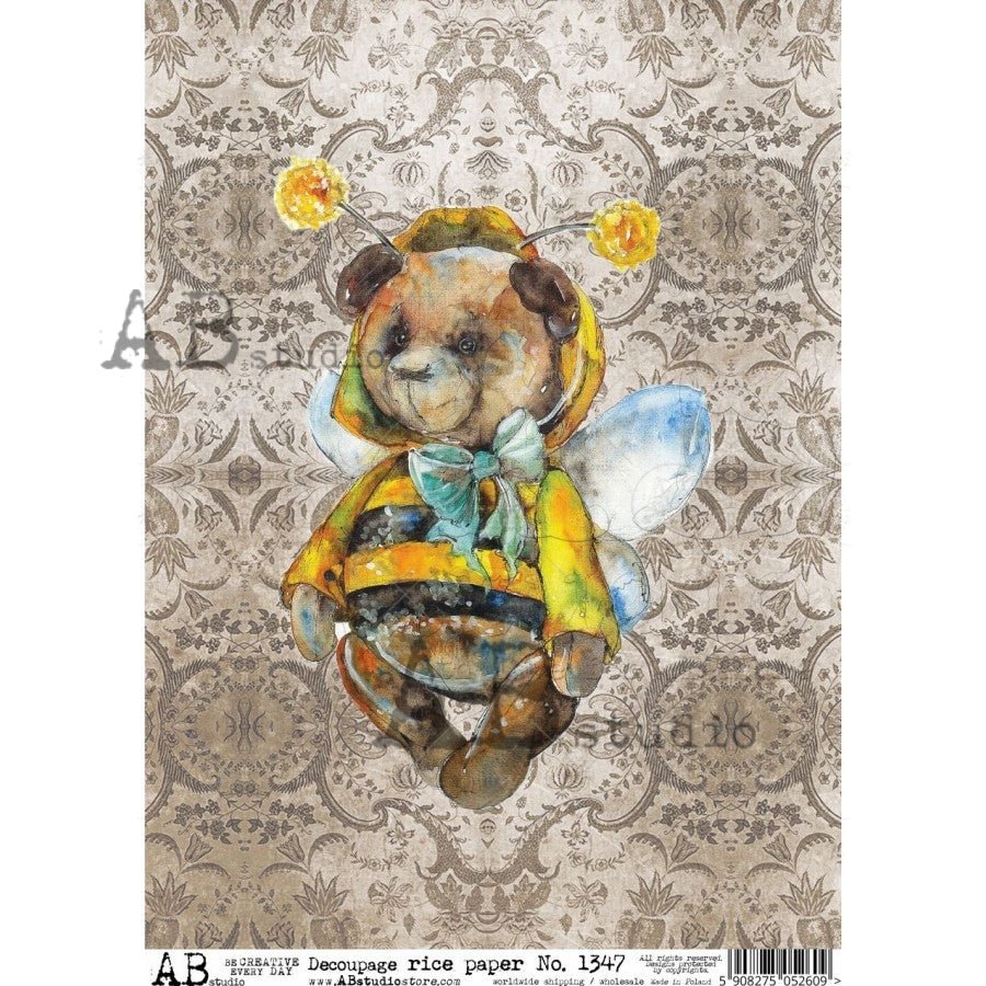 Bee Friendly Bear and Damask Wallpaper Decoupage Rice Paper A4 Item No ...