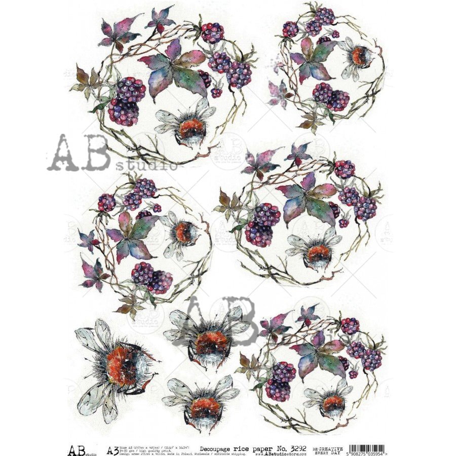 Bees and Berries Medallions Decoupage Rice Paper A3 Item No. 3292 by A ...