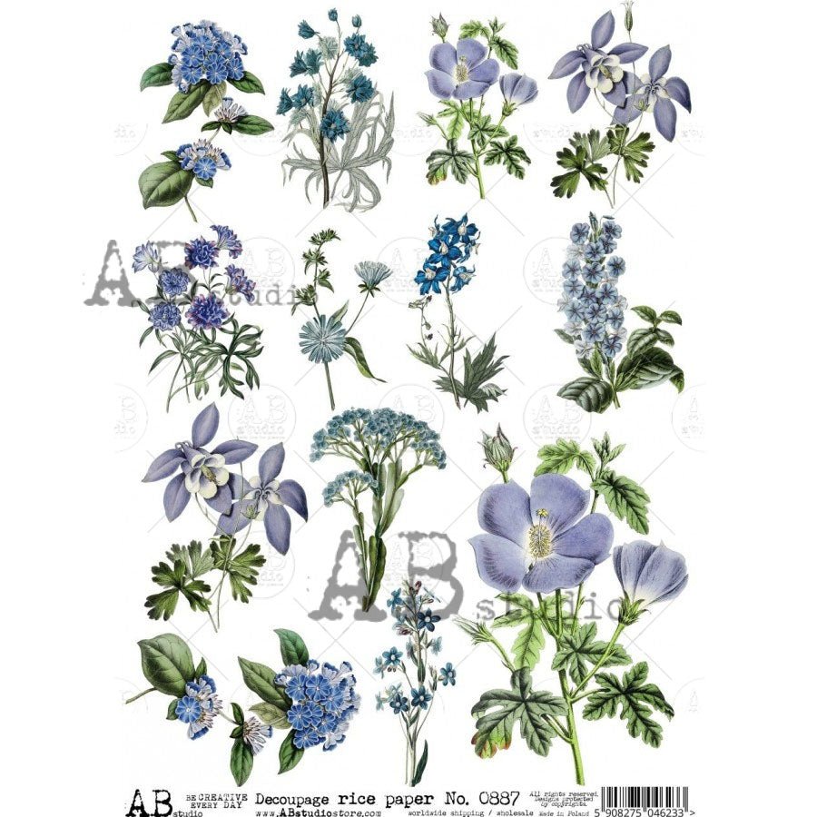 Blue Floral Bliss Decoupage Rice Paper A4 Item No. 0887 by AB Studio ...