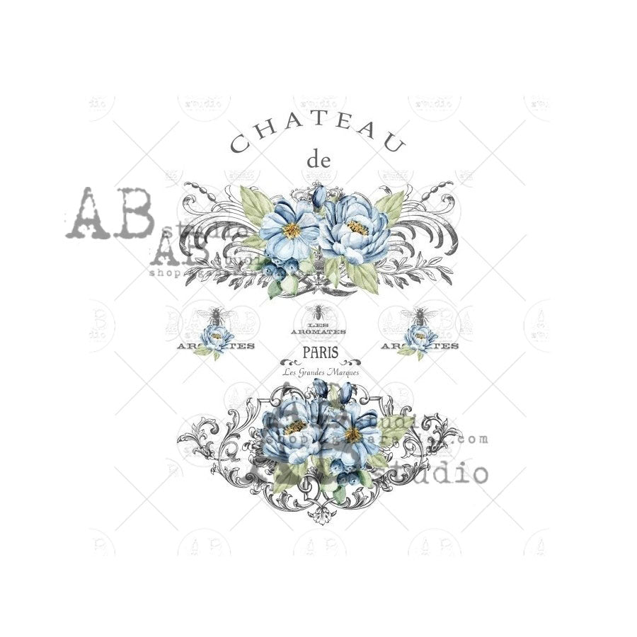 Blue Floral Chateau Paris Gilded Decoupage Rice Paper A4 Item No. 1065 ...