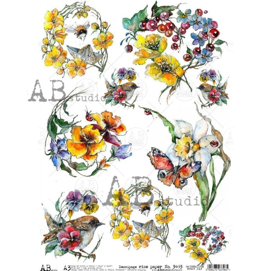 Butterflies and Bees with Birds and Flowers Decoupage Rice Paper A3 It ...