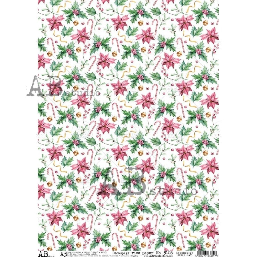 Candy Canes and Poinsettias Decoupage Rice Paper A3 Item No. 3108 by A ...