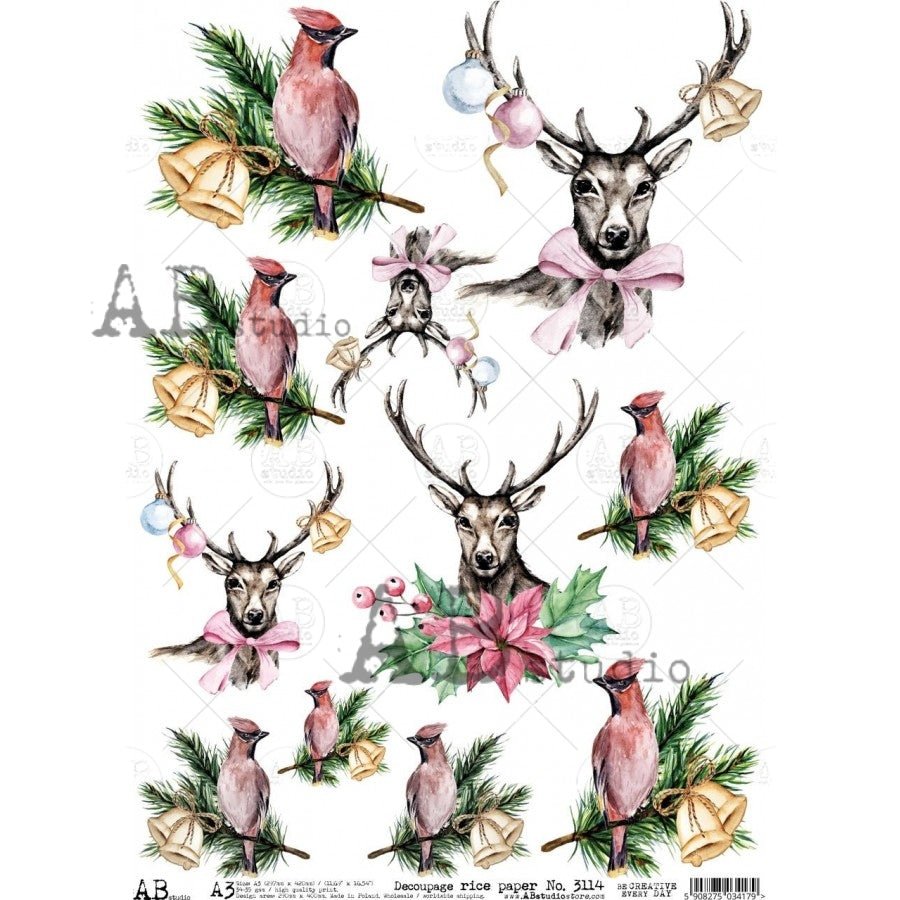 Cardinals and Deer with Pink Bows Decoupage Rice Paper A3 Item No. 311 ...