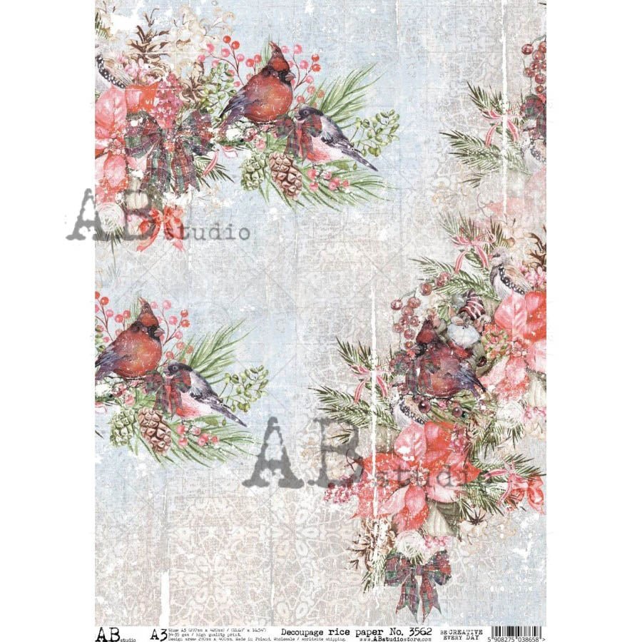 Christmas Cardinals Decoupage Rice Paper A3 Item No. 3562 by AB Studio ...