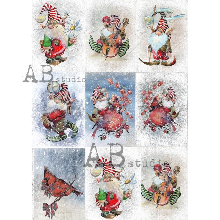 Christmas Elves and Cardinals Mini Cards Decoupage Rice Paper A4 Item ...