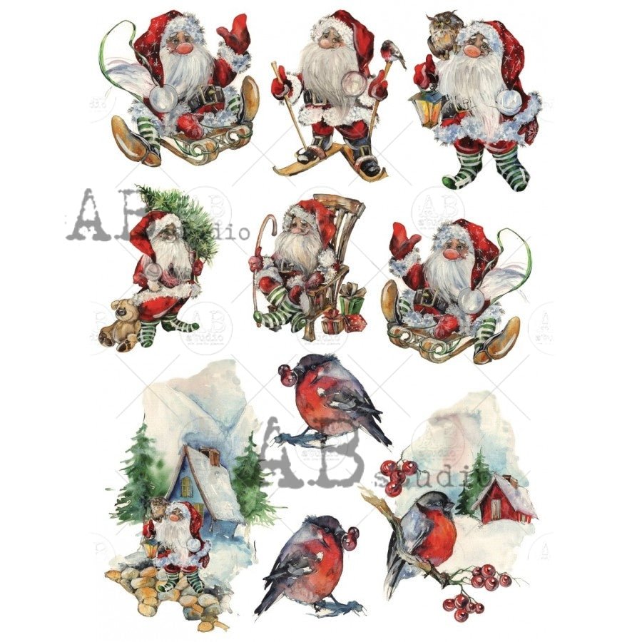 Gnome Clause and Birds Decoupage Rice Paper A3 Item No. 3584 by AB Stu ...