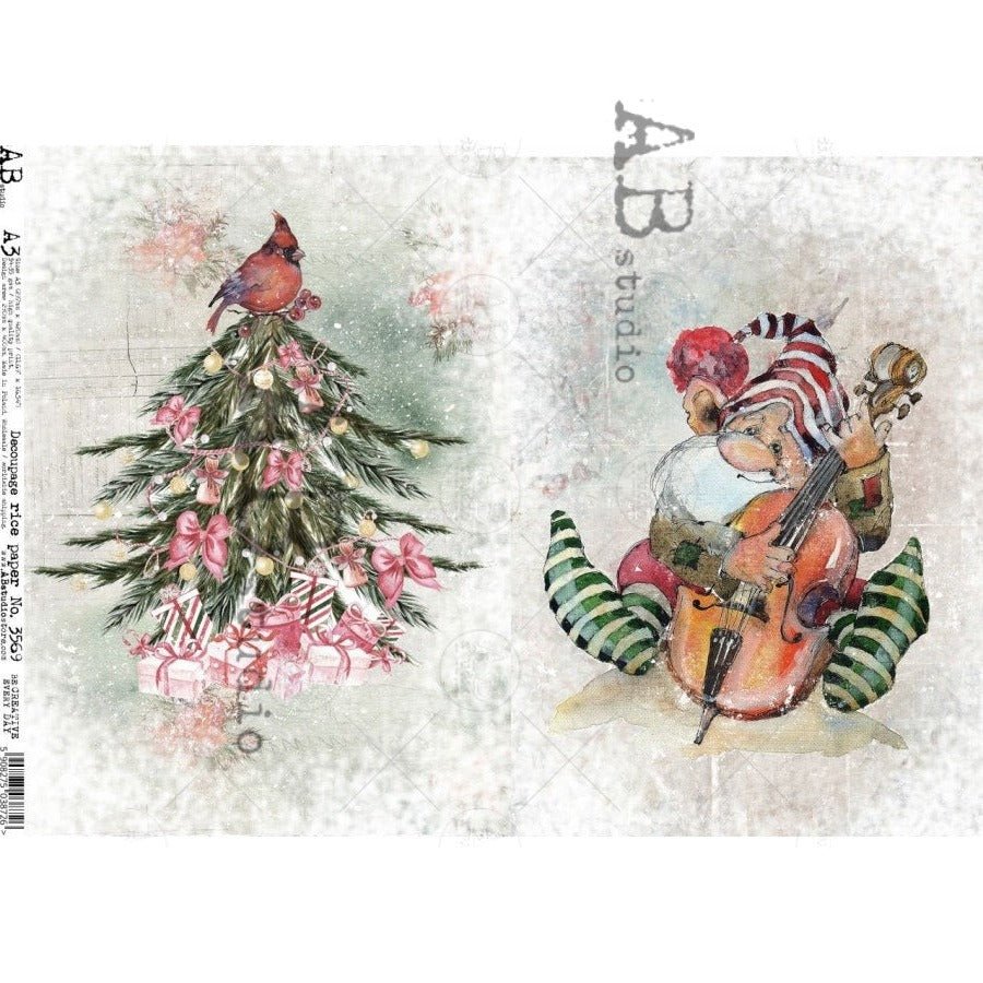 Gnome with Violin and Cardinal in a Tree Cards Decoupage Rice Paper A3 ...