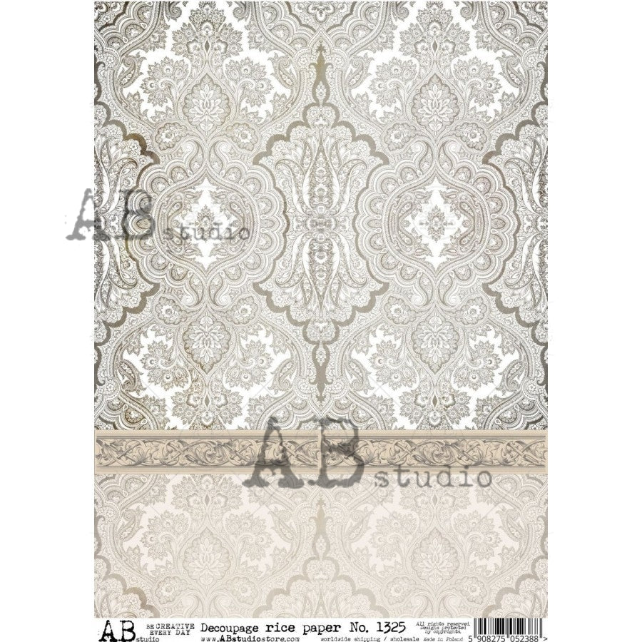 Grey Damask and Sepia Border Decoupage Rice Paper A4 Item No. 1325 by ...