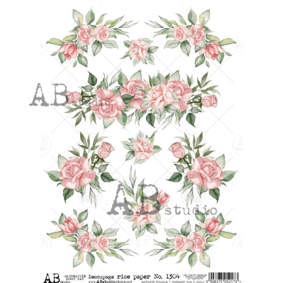Pink Roses Decoupage Rice Paper A4 Item No. 1304 by AB Studio – All ...