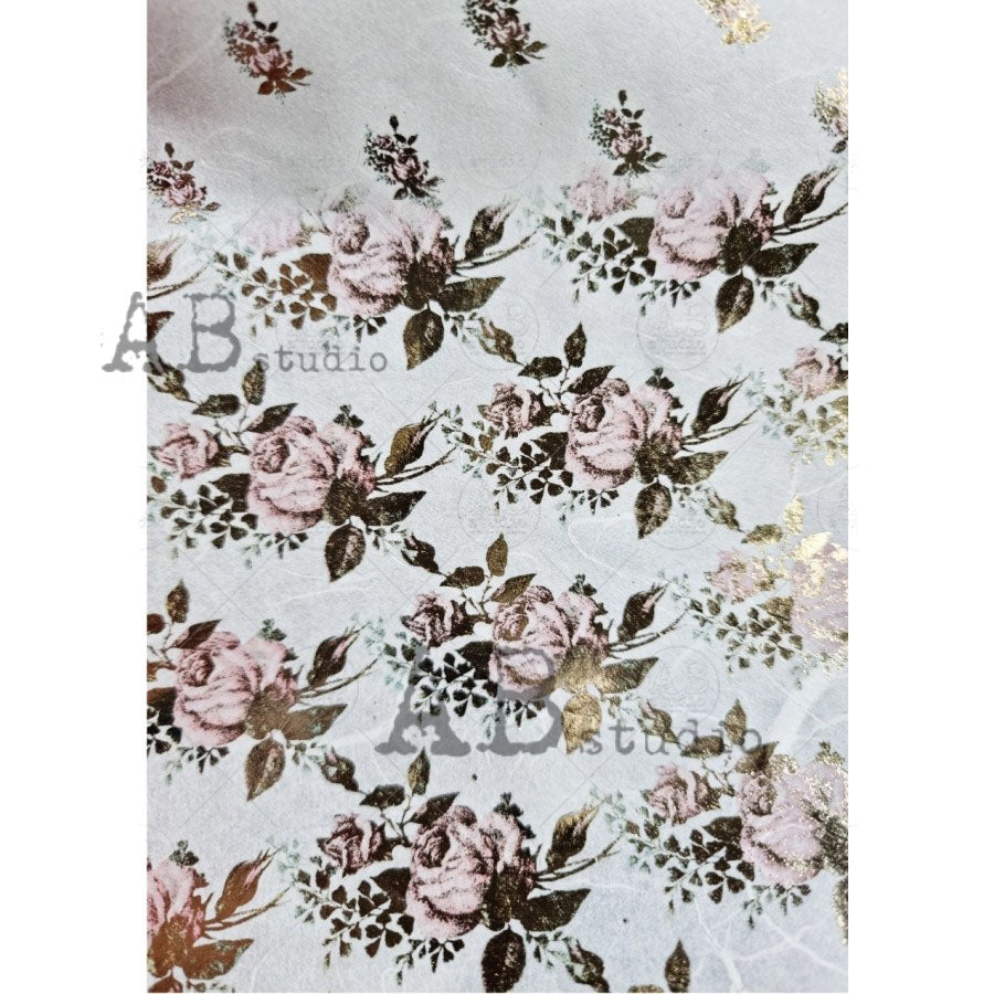 Pink Roses with Small Rose Border Gilded Decoupage Rice Paper A4 Item ...