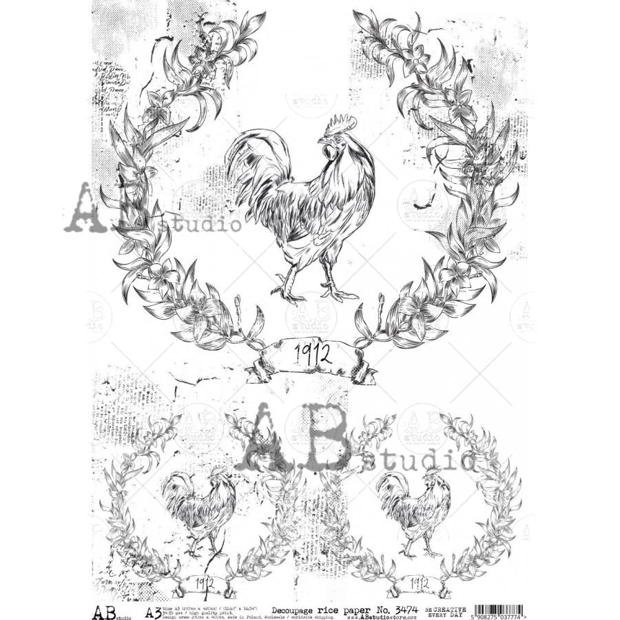 Rooster Medallions Decoupage Rice Paper A3 Item No. 3474 by AB Studio ...
