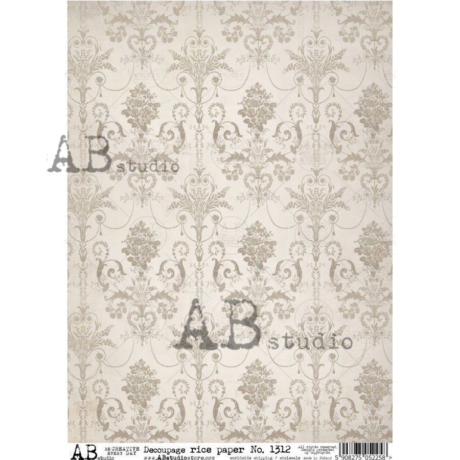 Soft Greige Floral Wallpaper Damask Decoupage Rice Paper A4 Item No. 1 ...