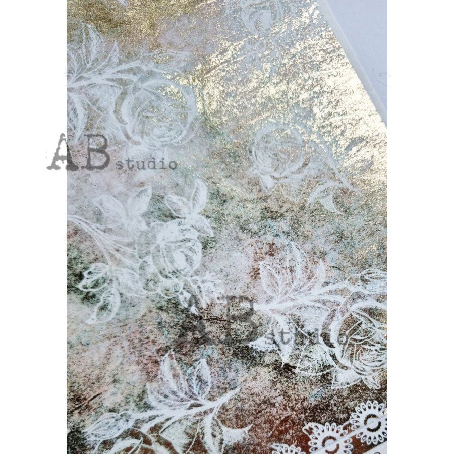 White Outlined Roses Gilded Decoupage Rice Paper A4 Item No. 1074 by A ...