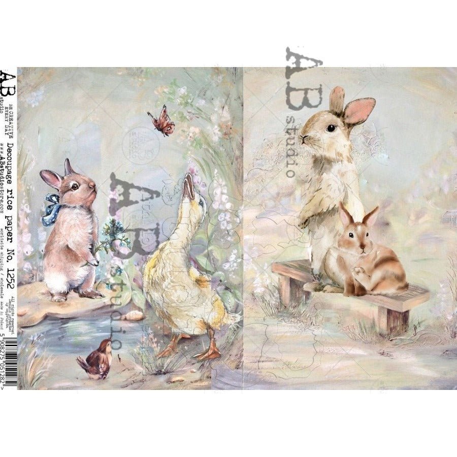Young Rabbits and a Duckling Cards Decoupage Rice Paper A4 Item No. 12 ...